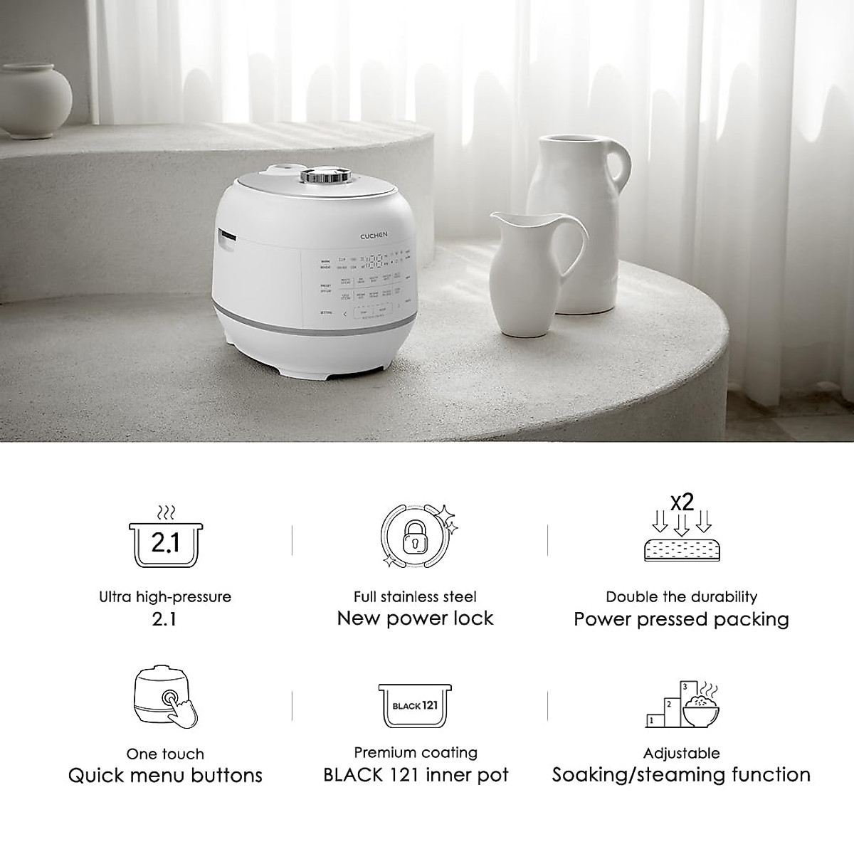 CUCHEN CRT-RPK1070WUS | 2.1 Ultra High-Pressure Induction Heating Rice Cooker 10 Cup (Uncooked) | Full Stainless Power Lock System | Auto Steam Clean | Voice Guide | Made in Korea | White