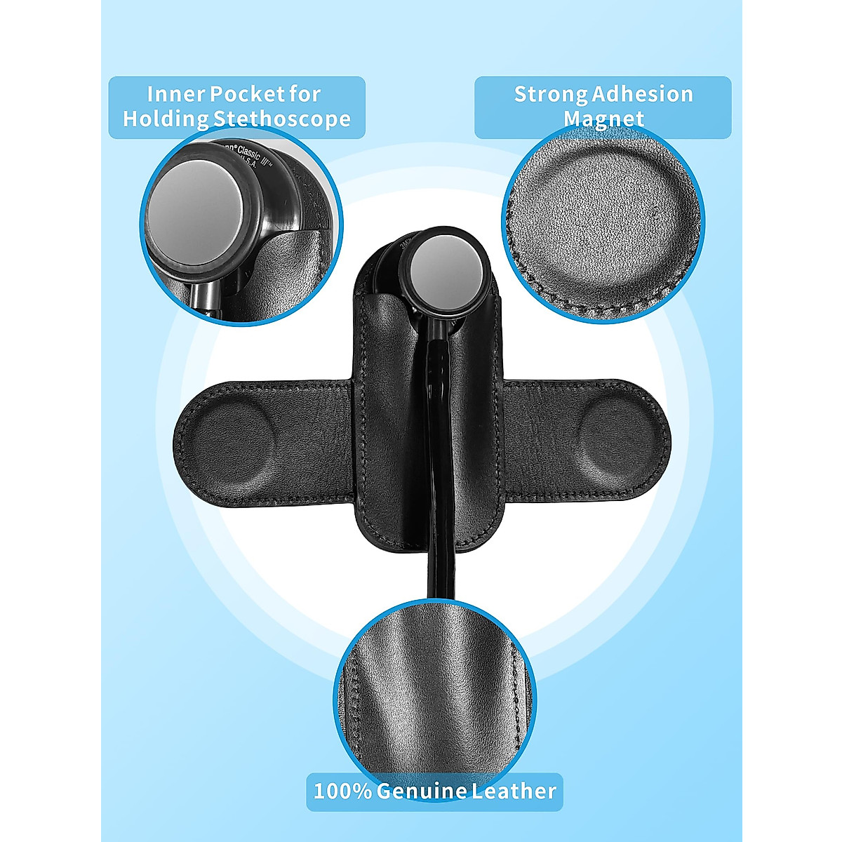 CaseLeather Stethoscope Holder, Genuine Top-Grain Leather | Strong & Durable | Magnetic Closure - Easy Access | for Doctors, Nurses, Adult (Black)