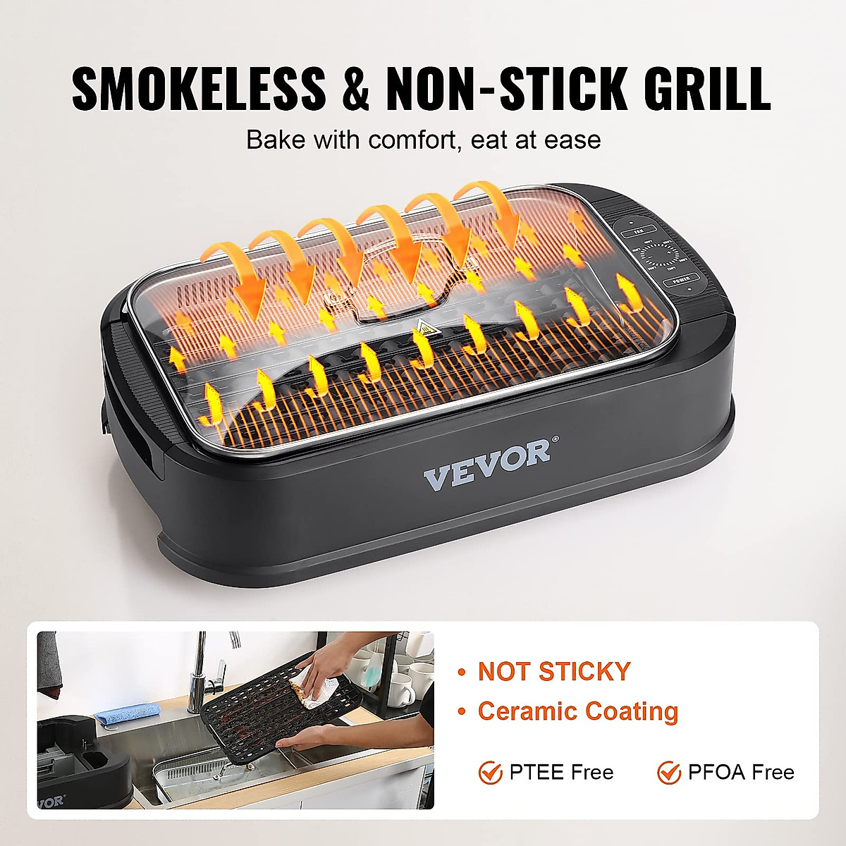 VEVOR Smokeless Indoor Grill, 110 sq.in 1500W Electric BBQ Grill with Non-Stick Surface, Adjustable Temperature, Turbo Smoke Extractor, Detachable Dishwasher-safe Smokeless Grill for Party Camping