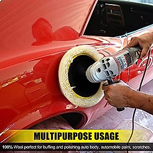 POLIWELL Wool Buffing Pads 7 Inch Set 100% Wool Buffing Pad Hook and Loop 3Pack, 5/8-11T Shark Backing Pad Kit, Cleaning Spur Tool + 7” Waxing Bonnet Pads 3pcs for Compound Cutting & Polishing, 9Pack