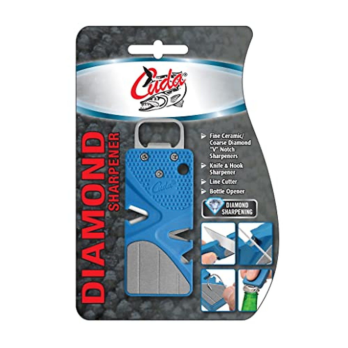 CUDA Diamond Pocket Sharpener #23062 | Compact Portable Sharpener with Integrated Line Cutter, Bottle Opener, & Hook Sharpening Grooves