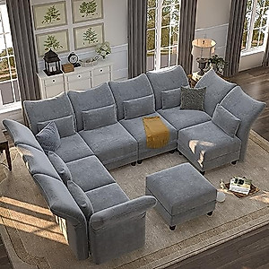 LLappuil Chenille Large Sectional Sofa 8 Seats U Shaped Modular Sofa with Storage Chaise, Adjustable Backrest, Modular Sectional Couches Sleeper for Living Room, Grey