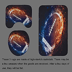 Jayden Madge 4PCS/Set Burning American Football Shower Curtain, Ice and Fire Championship Cool Sports Bathroom Decor for Men, Waterproof Fabric Black Shower Curtain, Non-Slip Bath Rugs, Flaming Ball