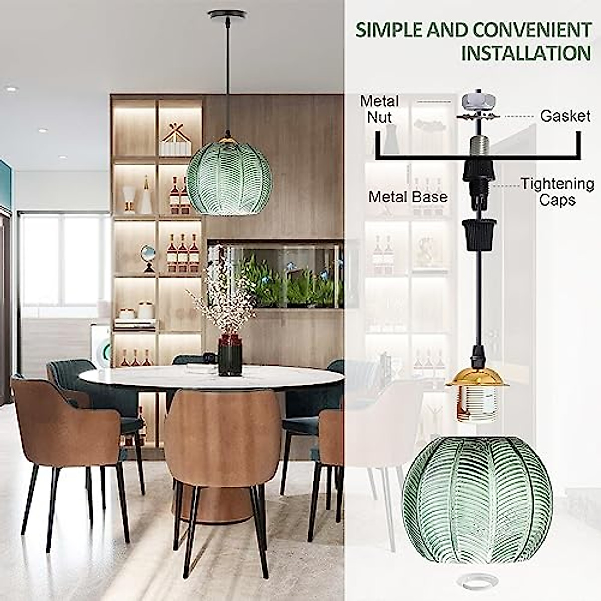 HDXZTQ Modern Pendant Light Kitchen Island 9.8in Glass Pendant Light Kitchen Pendant Lights Single Pendant Lights Pumpkin Design Small Pendant Light Adjustable， Green Pendant Light Fixture