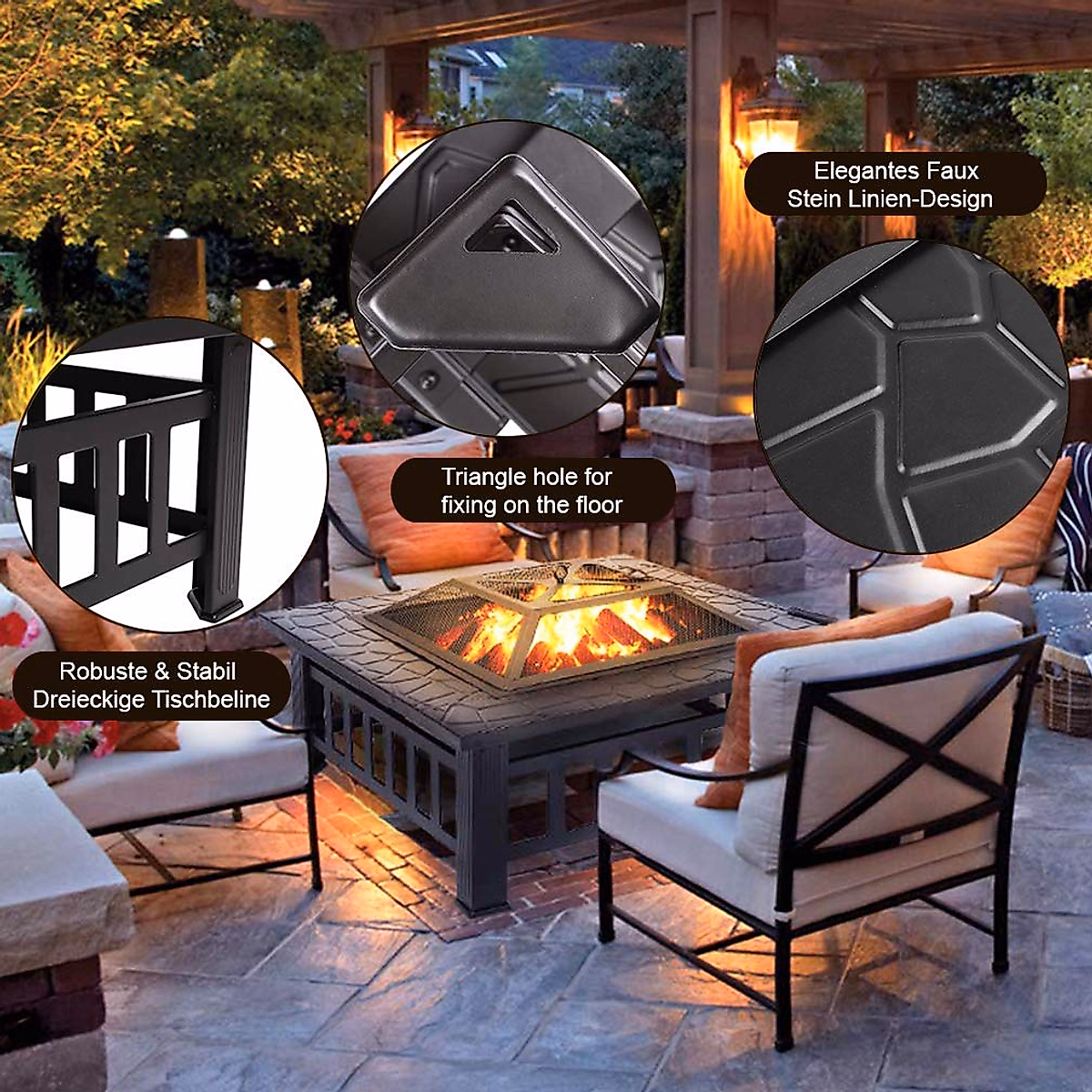 Fire Pit, 32” Outdoor Metal Fire Pit Table with Durable Steel Frame, Poker & Mesh Cover, Wood Burning Square Fireplace Backyard Patio Stove for Camping Picnic Bonfire BBQ, Black