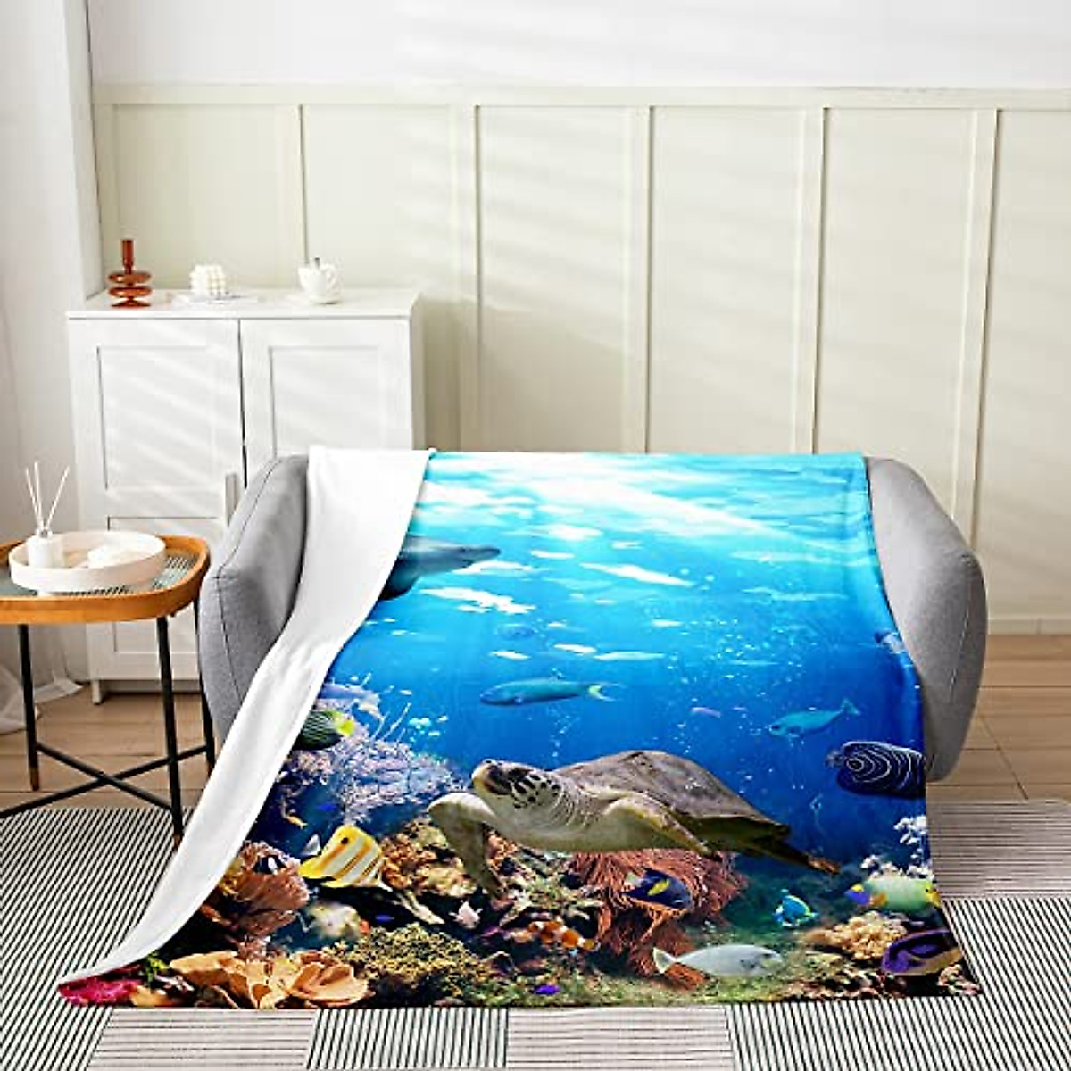 Erosebridal Sea Turtle Throw Blanket All Season,Shark Fleece Blanket Throw 50x60,Ocean Animals Fishes Fuzzy Blanket Sofa Bed Couch Decor,Tortoise Coastal Tropical Fish Fuzzy Blanket Lightweight