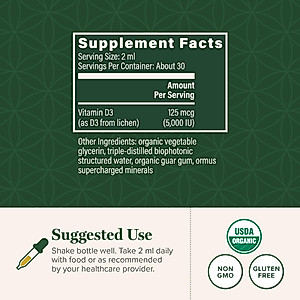 Global Healing USDA Organic Vitamin D3 5000IU Liquid Supplement Drops for Women & Men- Non-GMO Helps Support Bones and Immune System. Vegan-Friendly Formula Delivers Active Form of Vitamin D(2 Fl Oz)