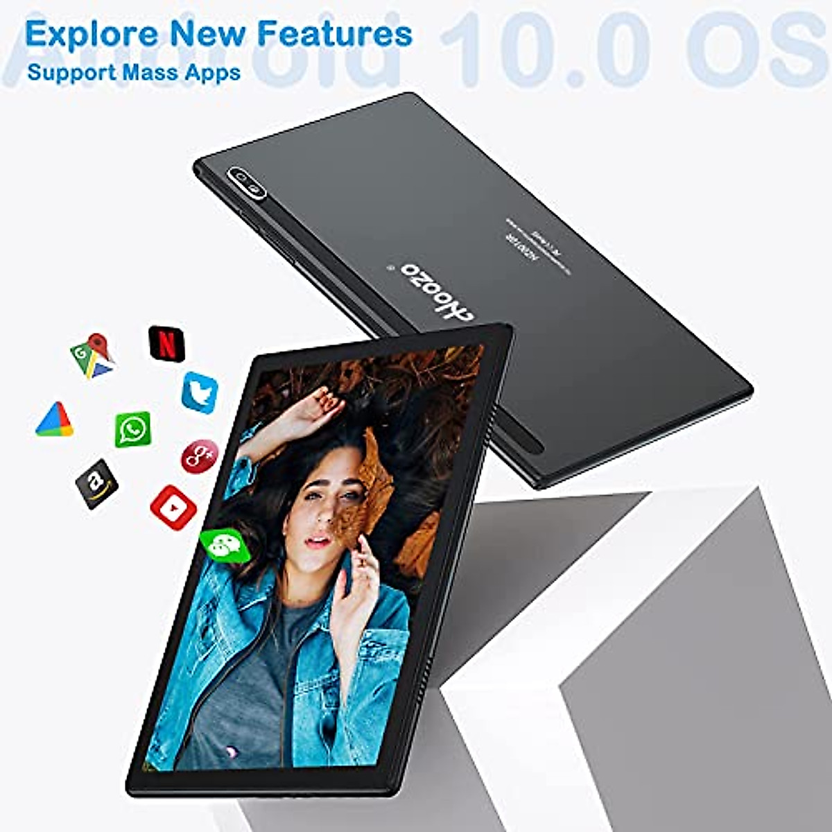 Hoozo Tablet 10 Inch, Android 10 Tablets with 6000mAh Long Battery Life, Quad Core HD Touch Screen, 32GB, 8MP Camera, WiFi BT Google Play Tabletas PC - Black