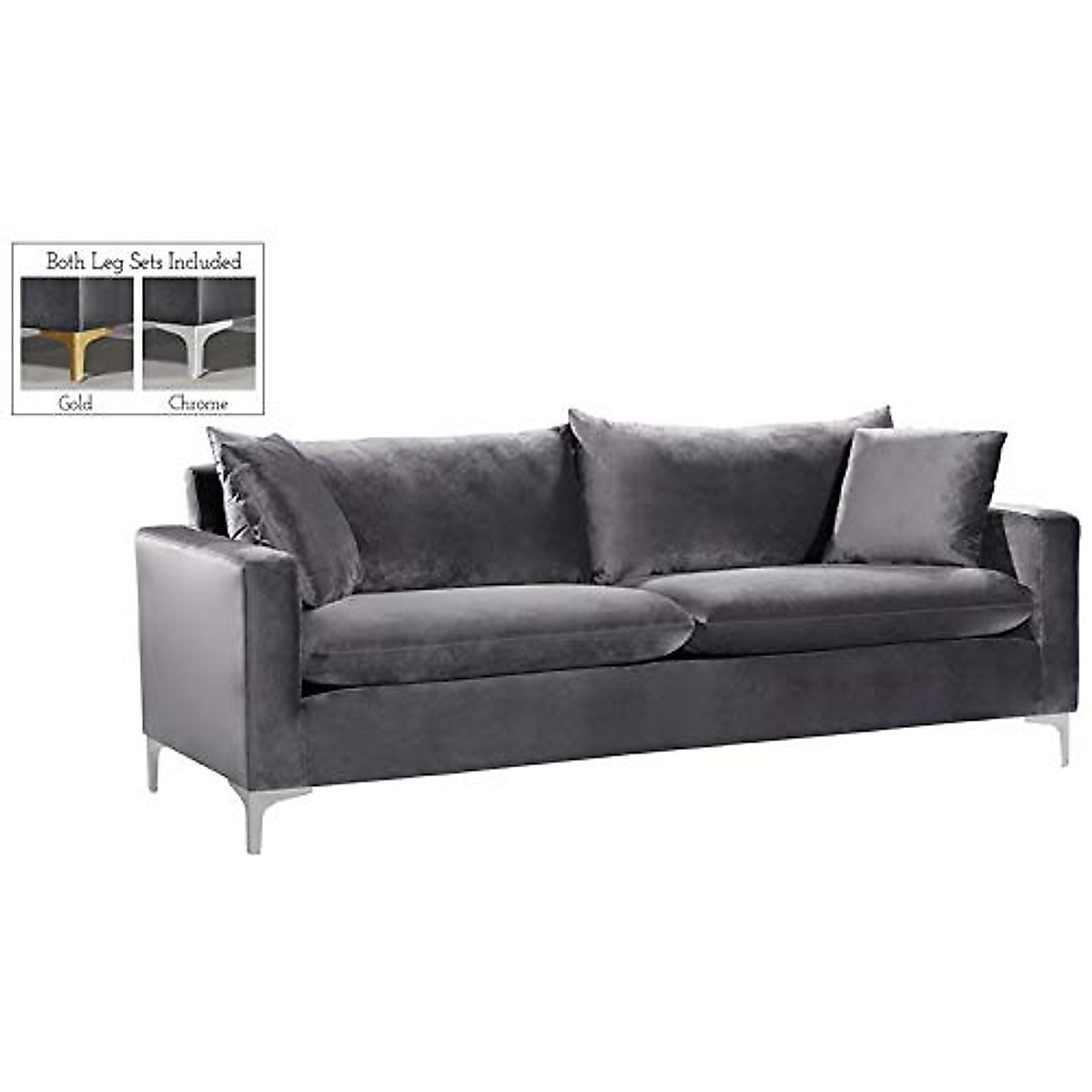 Meridian Furniture Naomi Collection Sofa With Stainless 1 Modern | Contemporary Velvet Upholstered Stainless Steel Base in a Rich Gold or Chrome Finish, Grey