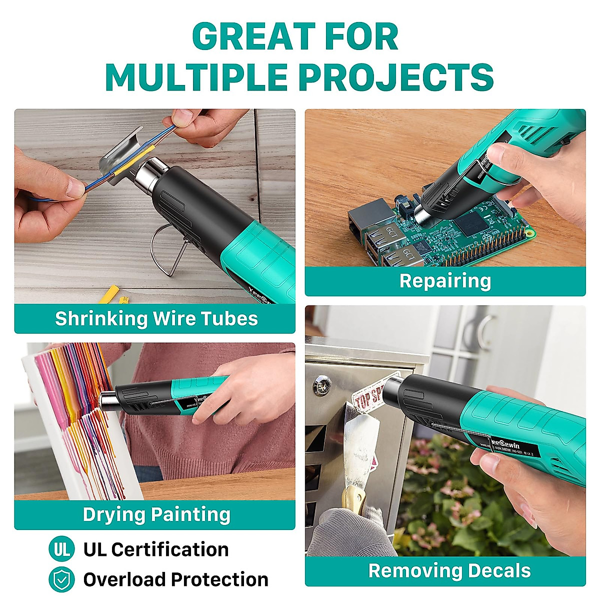 Yeegewin Heat Gun, 380W Fast Heat Mini Hot Air Gun with 2-Temp Settings 480°F~850°F(249°C-455°C) Overheat Protection Reflector Nozzle, 4.9Ft Long Cable for Shrink Wrap,Vinyl, Crafts, Epoxy Resin