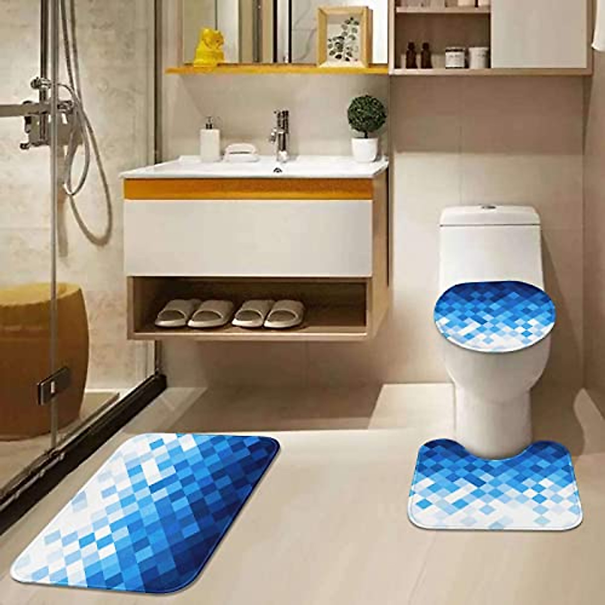 Geometric Blue Grid Triangle Abstract Bathroom Sets with Shower Curtain and Rugs and Accessories, Contemporary Blue Shower Curtain Sets, Blue Shower Curtains for Bathroom,Blue Bathroom Decor 4 Pcs