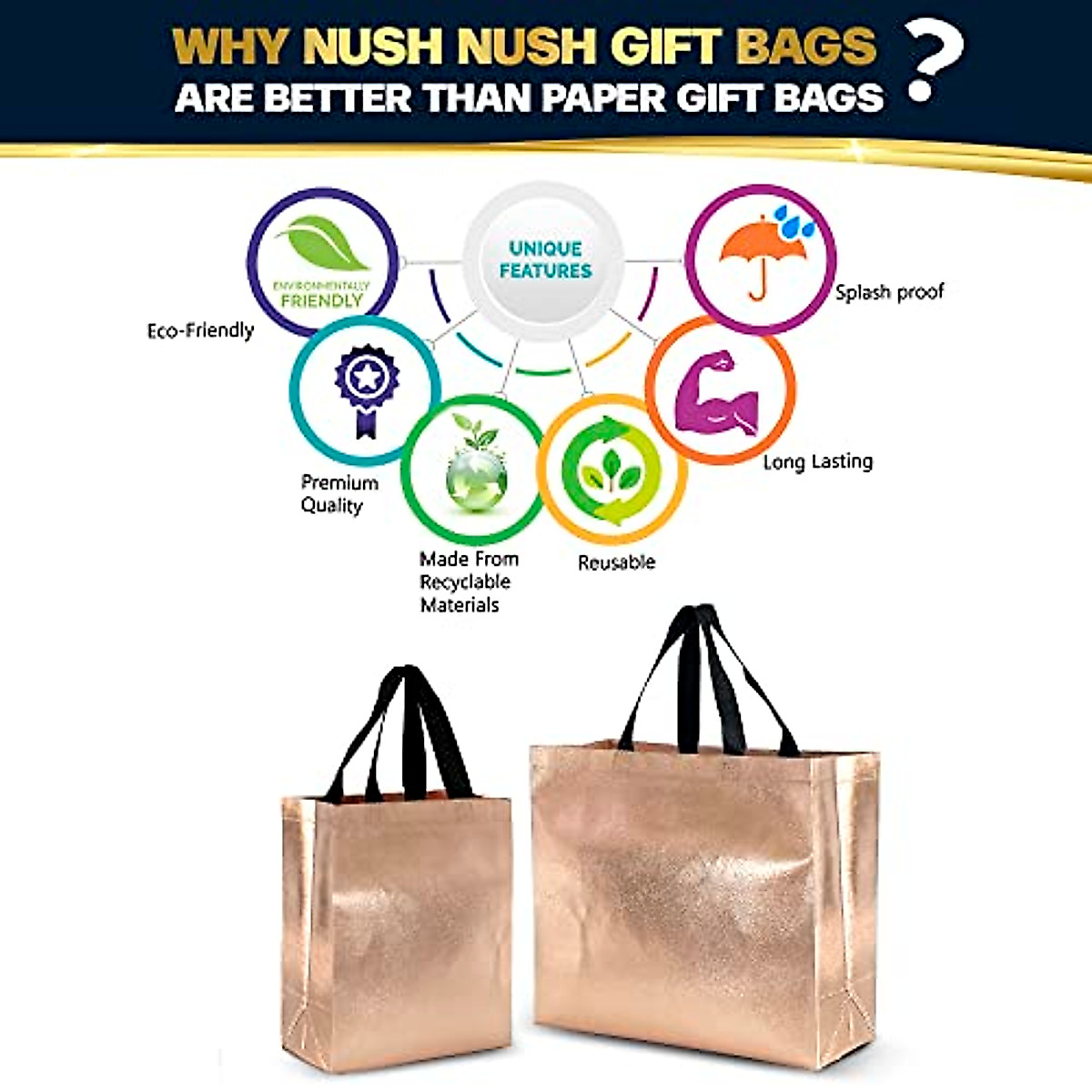Nush Nush Rose Gold Gift Bags Medium Size - Set of 12 Reusable Rose Gold Gift Bags With Handles - Birthday Gift Bags, Goodie Bags, Party Favor Bags, Reusable Gift Bags, Medium Gift Bags - 8X4X10