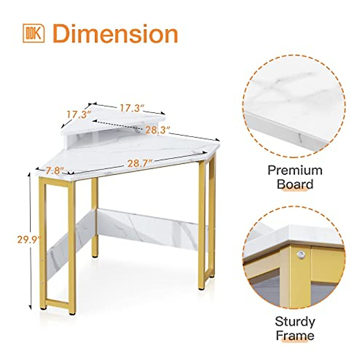 ODK Corner Desk Space Saving Small Desk with Sturdy Steel Frame, Computer Desk with Monitor Stand for Small Space, Easy Assembly Triangle Vanity Desk with Durable Wooden Desktop (Marble)