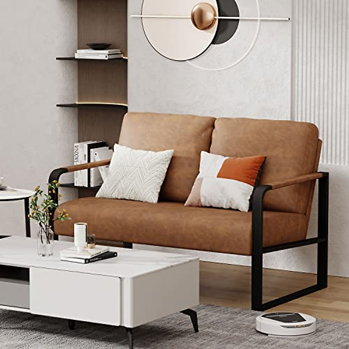 POINTANT Love Seat Mini Couch Small Settee Loveseat Bench for Living Room, Faux Leather Loveseat Sofa Small Sofa Couches for Small Spaces with Padded Cushion, Mid Century Modern Brown Love Seats