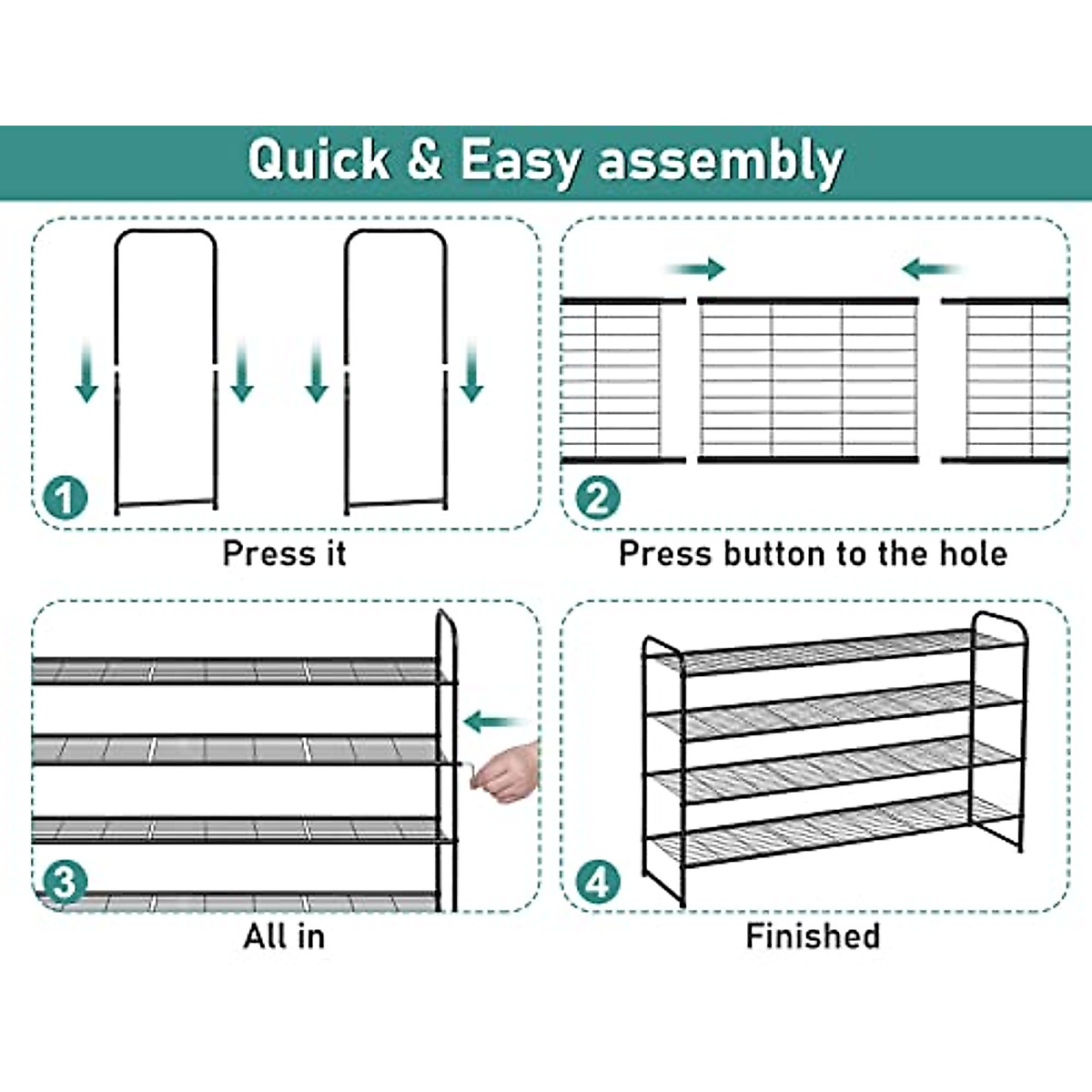 SLEEPING LAMB 4 Tier Long Shoe Organizer for Closet, Metal Shoe Rack Wide Shoe Storage Organizer 30-Pairs Shoe Shelf for Bedroom, Floor, Entryway (Black)