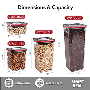 Neoflam Smart Seal Patent Airtight Kitchen Pantry Canister/Organizer Clear Plastic Container & Simple Twist, 100% Leak Proof, Dishwasher Safe, BPA Free, Dry Food Storage Set, 8pc Square, Black/Red Lid