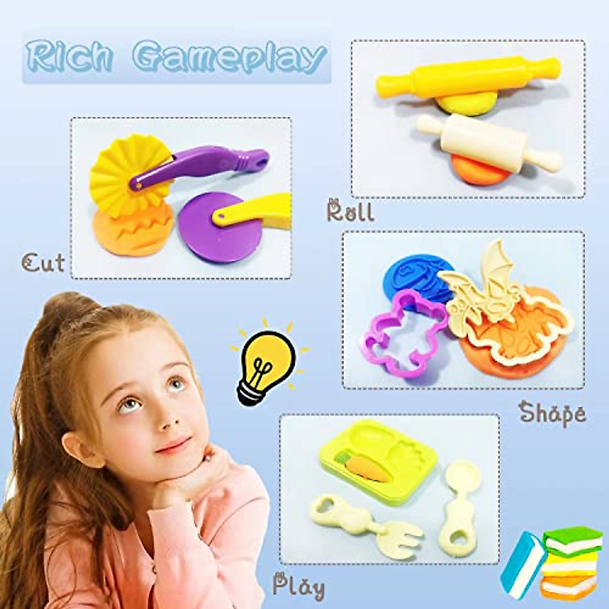 Jaeespon Dough Tools for Kids Play-41 Pieces Dough Play Set Accessories with Fruit Dinosaur Plastic Molds Roller Cutter Scissor, Preschool Arts Toys Kit Gift for Age 2-8 Girls Boys