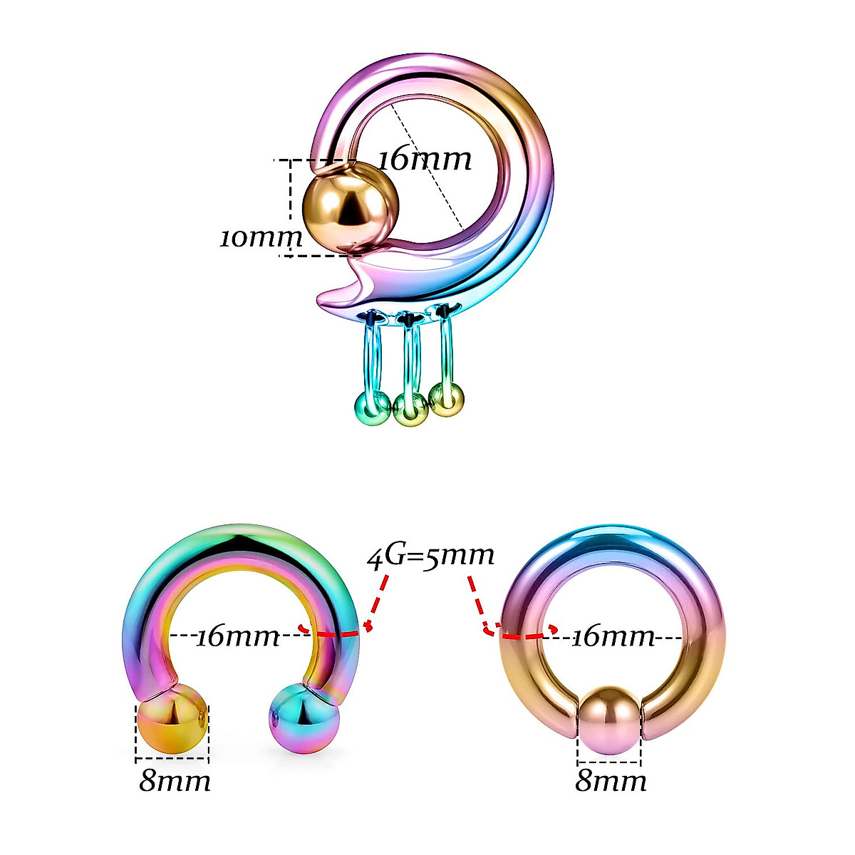 4G Earrings Internally Threaded Circular Barbells Horseshoe PA Rings Captive Bead Rings Dangle Spring Action CBR Surgical Steel Monster Screwball Rings Body Piercing Rings for Women Men Rainbow