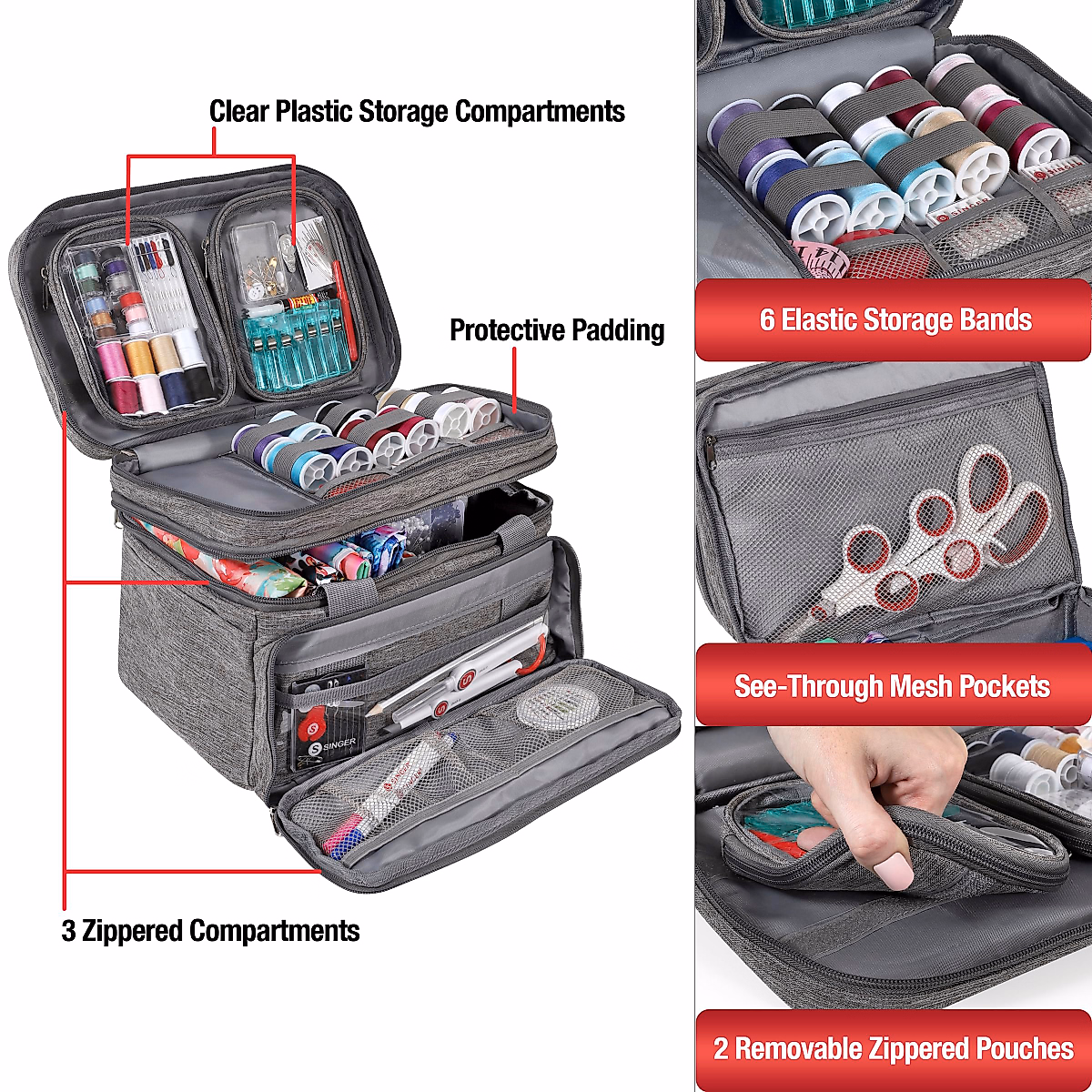 SINGER Sewing Accessories Organizer (Bag Only) – Double Layer Portable Sewing Storage Bag | 2 Detachable Pouches and 18 Compartments, Large Sewing Supplies & Crafting Carry-all (Gray)