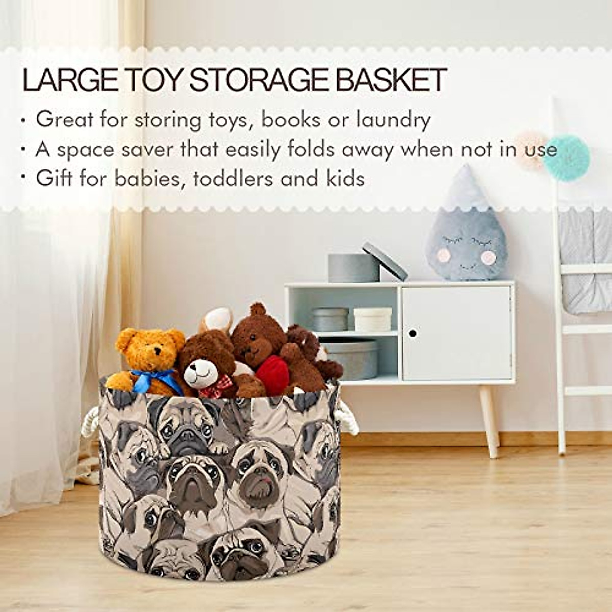 MNSRUU Storage Basket 20"x14" Vintage Cute Pug Dogs Collapsible Organizer Basket with Handles, Fabric Nursery Laundry Basket Large Capacity