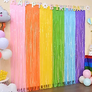 LOLStar Candyland Party Decorations, 2 Pack 3.3x6.6ft Pastel Rainbow Foil Fringe Curtains, Tinsel Curtains Photo Booth Prop Streamer Pastel Backdrop for Cocomelon Home Decor Easter Bunny Decorations
