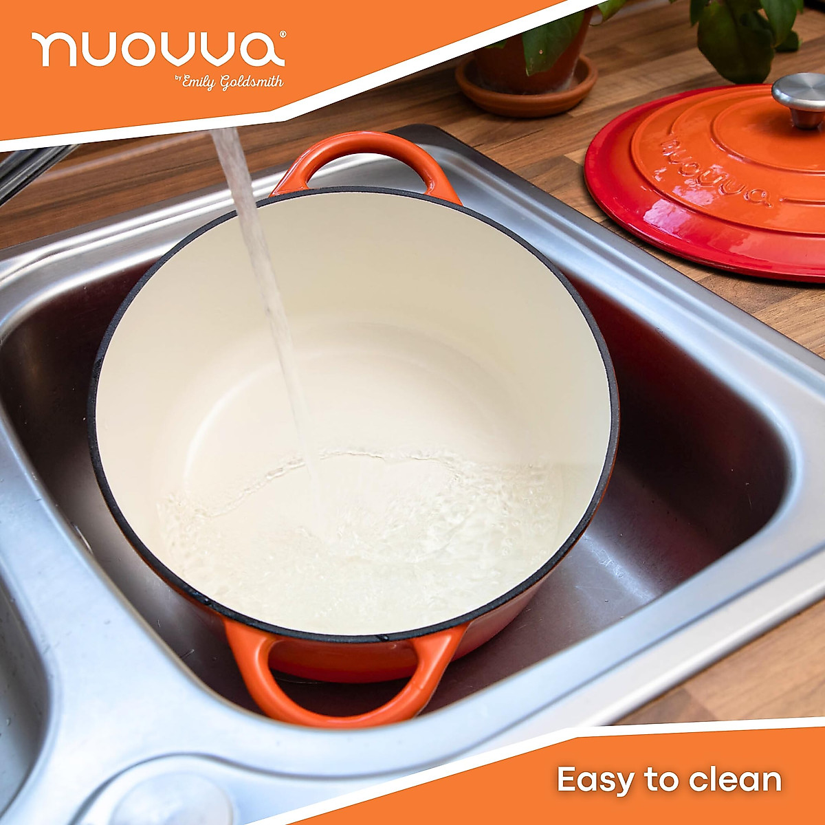 Cast Iron Dutch Oven with Lid – Non-Stick Ovenproof, Enamelled Casserole Pot –Oven Safe up to 500° F Sturdy Dutch Oven for Bread Baking – Orange, 6.4-Quart, 28cm – by Nuovva