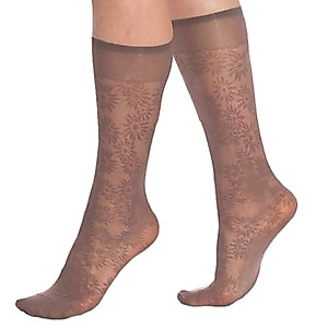 AWS/American Made Sheer Knee High Socks for Women Pack of 3 Pairs 15 Denier Stay up Band (Mink Flower Patterned)