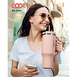 Coolflask 40 oz Pink Tumbler with Handle, Insulated Water Tumbler with Lid and Straw, Coffee Tumbler Travel Mug Stainless Steel Vacuum for Cup Holder, Keep Cold for 24 Hrs/Hot for 12 Hrs