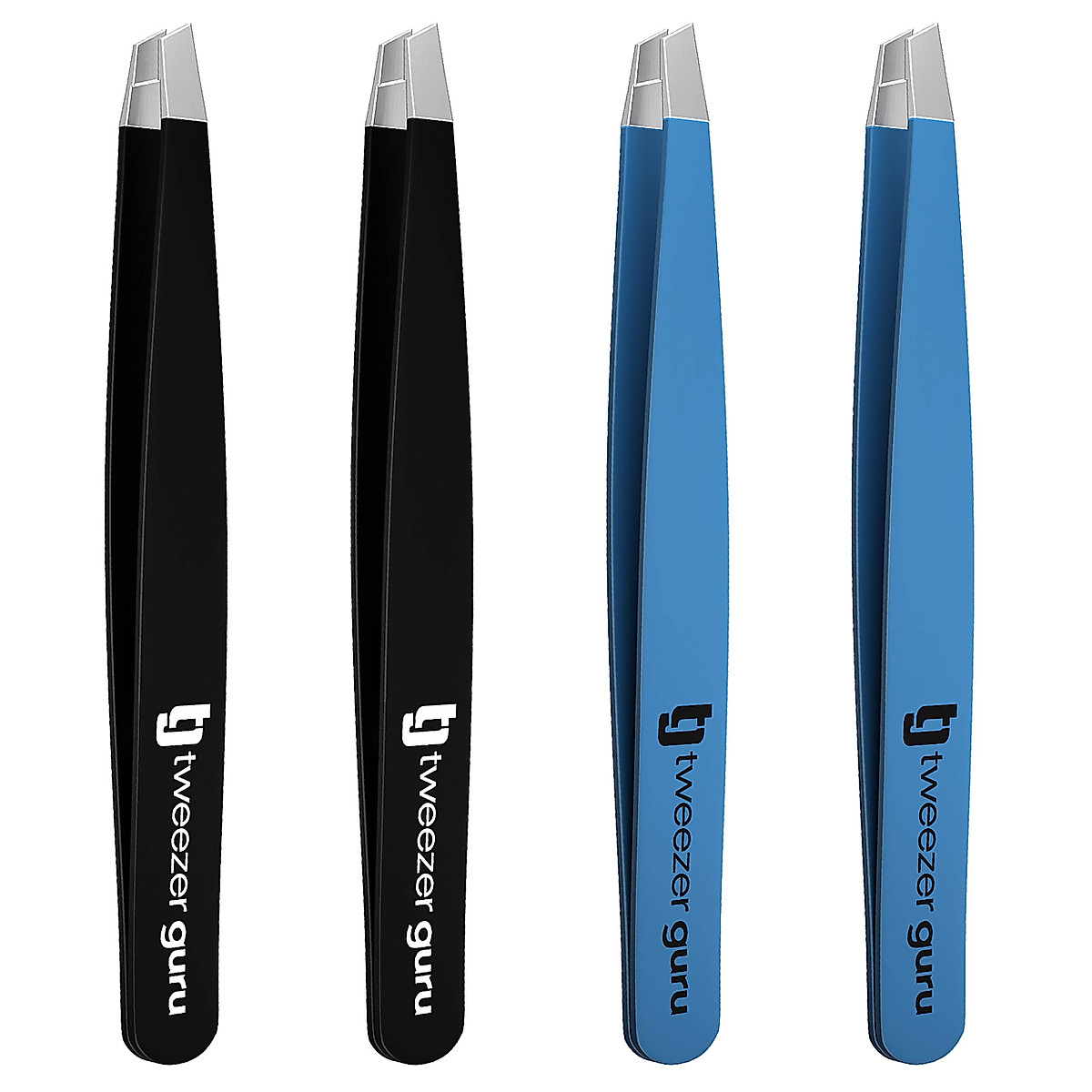 Tweezers Set - Tweezer Guru Stainless Steel Slant Tip Eyebrow Tweezers Set - Great Precision for Facial Hair, Ingrown Hair, Blackhead and Splinter Remover (4-Pack)