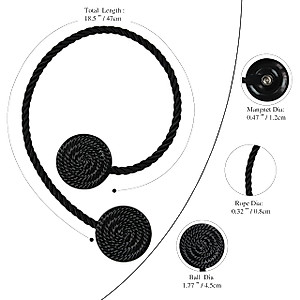 Hangtty Magnetic Curtain Tie Backs 4 Pack Rope Curtain Tiebacks Decorative Curtain Holders for Drapes Window Treatment Holdbacks Home Outdoor Curtain Tiebacks, Black