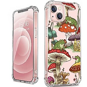 PAPCOOL,Frogs Phone Case Mushrooms Phone Case Cover,Clear Cute Forest Phone Case Kawaii Aesthetic Vintage Animal Cartoon Pattern for Fashion Slim Soft TPU Compatible with iPhone 13 Mini