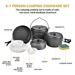 Bulin 13Pcs Camping Cookware Mess Kit, Nonstick Backpacking Cooking Set, Outdoor Cook Gear for Family Hiking, Picnic Lightweight Cookware Sets(Kettle, Pots, Frying Pan, BPA-Free Bowls, Plates, Spoon)