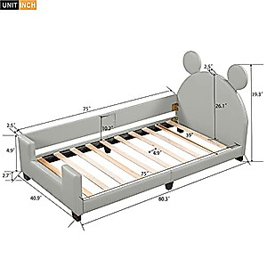 Twin Size Kids Upholstered Bed with Carton Ears Shaped Headboard,Children Twin Platform Bed Frame with PU leather，Cute Wooden Single Bed for Girls Boys, No Box Spring Needed , Grey