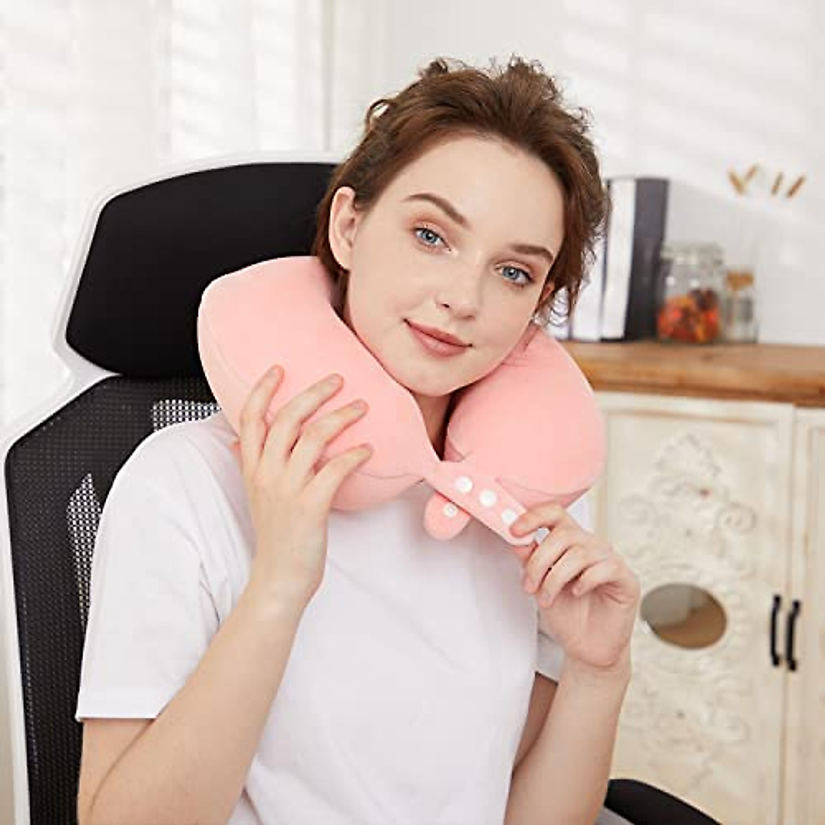 Travel Neck Pillow, Best Memory Foam Neck Pillow Head Support Soft Pillow for Sleeping Rest, Airplane Car & Home Use (Grey) (Pink)
