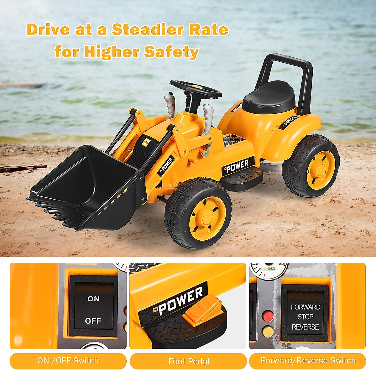 HONEY JOY Ride On Excavator, 6V Battery Powered Wheeled Loader Digger with Working Front Bucket, Forward/Backward, Electric Construction Vehicle for Kids, Ride On Tractor for Boys Girls, Yellow