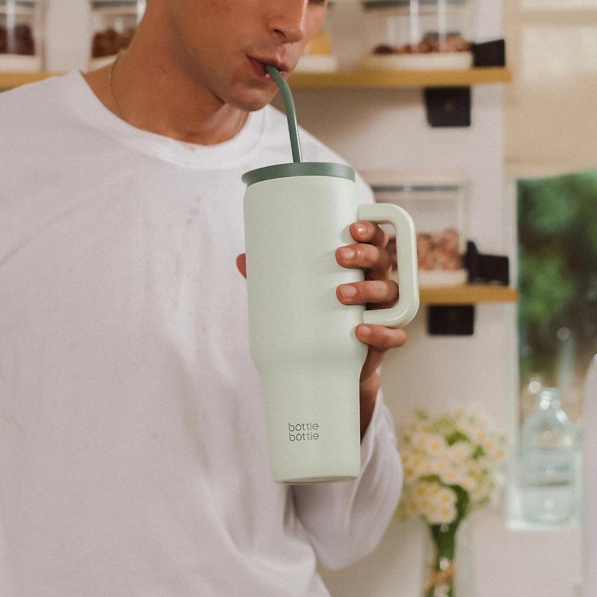 BOTTLE BOTTLE 40 oz Tumbler with Handle and Straw,Stainless Steel Vacuum Travel Mug,Car Cup with Straw, Stainless Steel Vacuum Water Bottle for Gifts Party Office Coffee (Green)