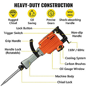 VEVOR Demolition Jack Hammer 3600W Concrete Breaker 1400 BPM Heavy Duty Electric 4pcs Chisels Bit w/Gloves & 360°Swiveling Front Handle for Trenching, Chipping, Breaking Holes