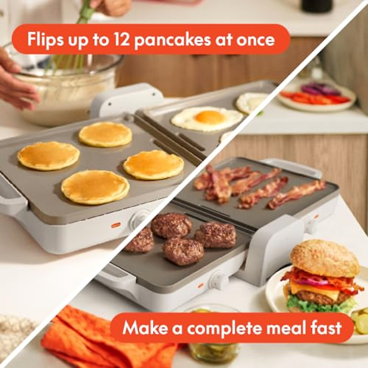 Bella 10"x 20" Ceramic Fold-n-Store Dual Temp Griddle, Fits-anywhere Kitchenware, EverGood Ceramic Nonstick Coating, 2 Temperature Zones up to 400°F​, Dishwasher Safe Drip Tray, 1500 Watt, Oatmilk