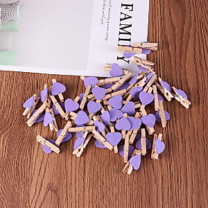 NUOBESTY Woodsy Decor 50pcs Mini Wooden Clips Clothespins Crafts Clips with Hearts for Wedding Party Valentines Day Decoration Purple Trendy Decor