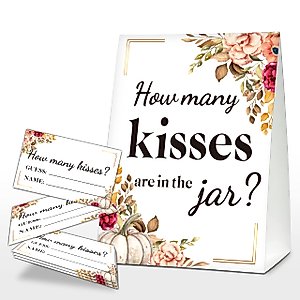 How Many Kisses Are In The Jar Sign, Burgundy Blush Floral Bridal Shower Game, Fall Thanksgiving Pumpkin Baby Shower Sign & Tickets, Wedding,(1 Sign + 50 Guessing Cards),07