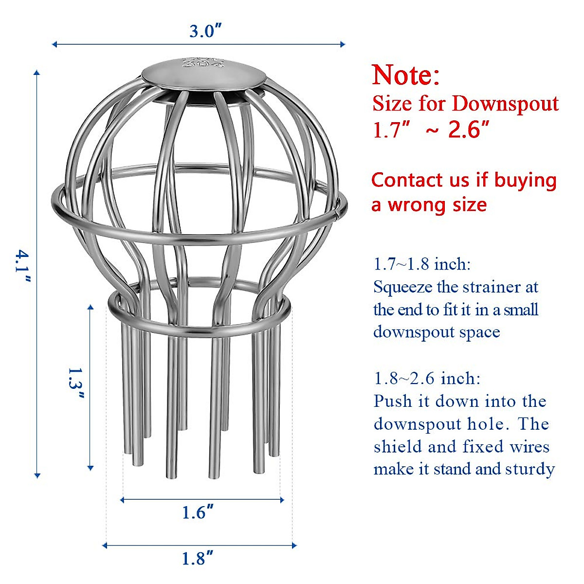 Gutter Guard 2 Inch 304 Stainless Steel Filter Strainer Fits for 1.7" ~ 2.6" Round Downspout, Stops Leaves Seeds and Other Debris Gutter Cleaning Tool – 4 Pack