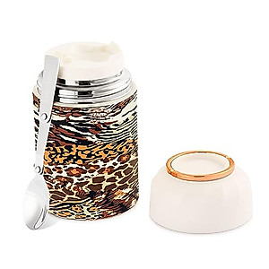 CUPADA Animal Skin Print Food Jar for Hot and Cold, Leopard Insulated Food Jars Vacuum 17OZ with Folding Spoon for Work Trip Picnic Camping