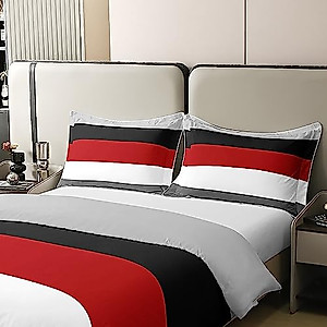 Erosebridal 100% Natural Cotton Red Black Stripes Twin Comforter Cover,Patchwork Geometric Striped Bedding Set White Grey Geometry Lines Duvet Cover Farmhouse Soft Breathable Cozy Room Decor