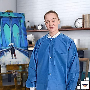 EZGOODZ Disposable Lab Coats for Adults Medium, Blue SMS Waterproof Disposable Clothing 10 Pack, Breathable and Light Lab Coats Disposable 40 GSM with Knit Wrists, Collar, Front Snaps, 3 Pockets