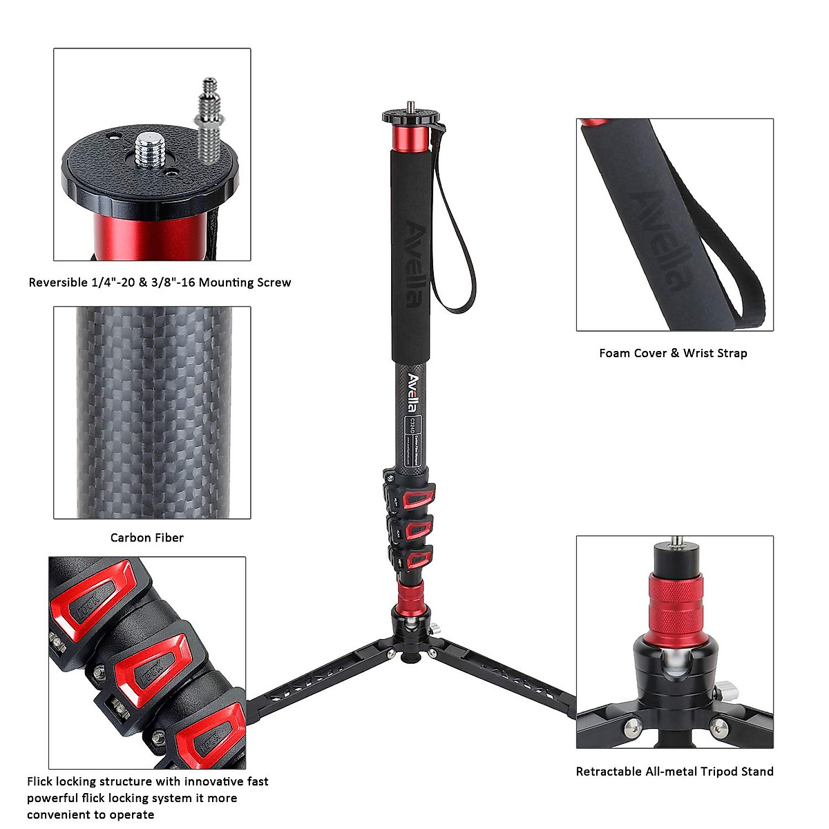 Avella C324D Carbon Fiber 67 Inch Camera Monopod Professional Telescopic Video Monopods Base Tripod for Canon Nikon Sony Olympus Panasonic DSLR Camera