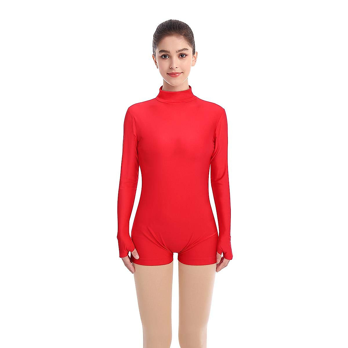 IMEKIS Women Turtleneck Leotard Ballet Dance Gymnastic Bodysuit Boyshorts Adult Spandex One Piece Long Sleeve Dancewear Biketard Unitard Shorts Training Sports Athletic Costume Activewear Red Medium