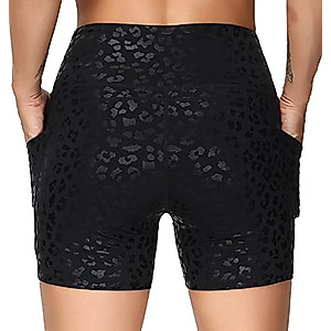 THE GYM PEOPLE High Waist Yoga Shorts for Women Tummy Control Fitness Athletic Workout Running Shorts with Deep Pockets (Large, Black spot Leopard)