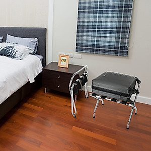 Therwen 4 Pack Steel Folding Foldable Luggage Rack with Back Suitcase Stand Shelf with Support Bar Folding Metal Suitcase Stand with Belts for Bedroom Hotel Guest Room, Chrome Silver