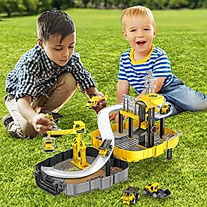 Siairo Construction Race Car Toy for Kids - Construction Race Truck with Crane, Helicopter, Bulldozer, Excavator Toy Backpack for 3 4 5 Year Old Boys & Toddlers