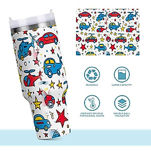 ODAWA Cartoon Vehicles 30 Oz Tumbler with Handle Iced Coffee Tumbler Reusable Stainless Steel Tumblers